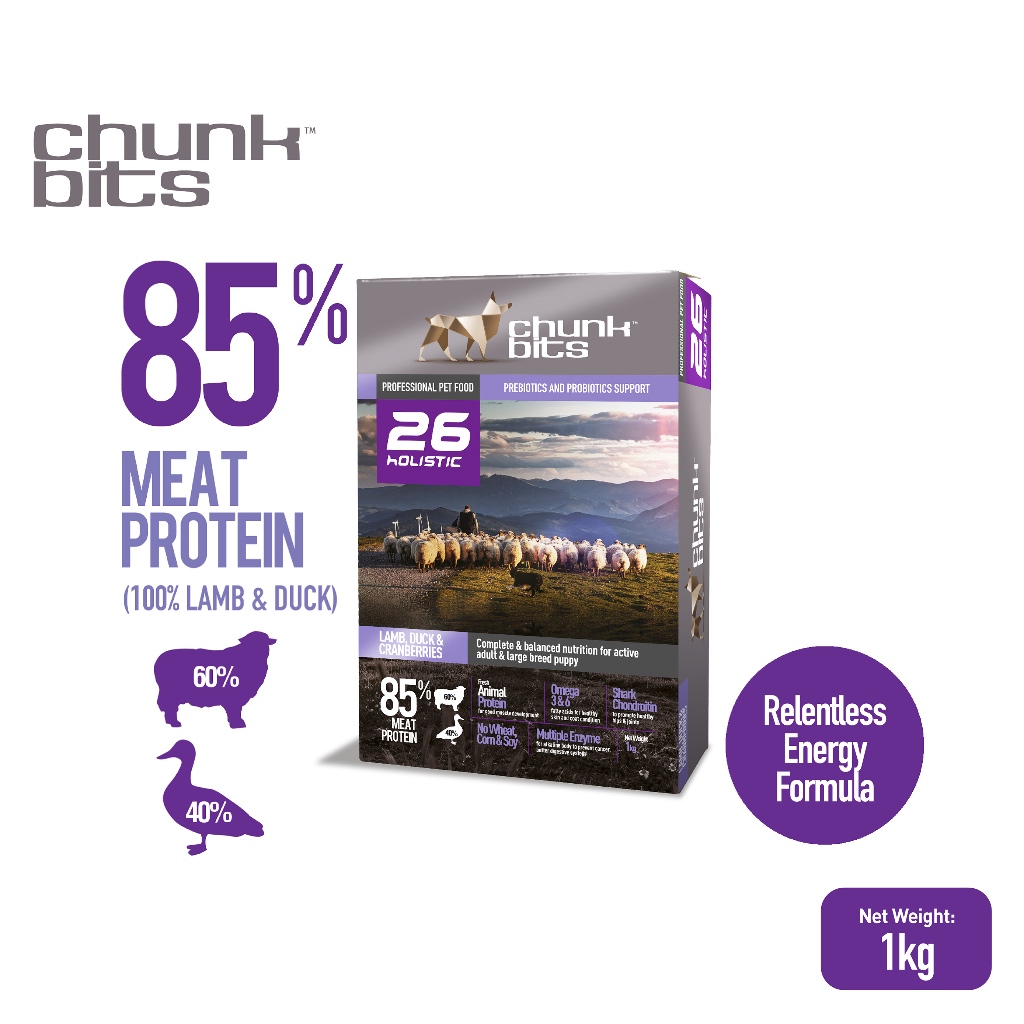 CHUNKBITS Holistic 26 Dog Dry Food - Lamb/Duck/Cranberries (1kg ...