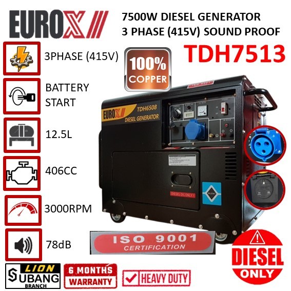 EUROX 7.5KW DIESEL GENERATOR 3 PHASE (415V) TDH7513 SOUND PROOF WITH 6 MONTHS LOCAL WARRANTY ...