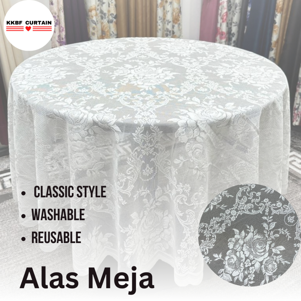 Alas Meja White Lace Putih Tablecloth Flower Embroided Alas Meja Sulam ...
