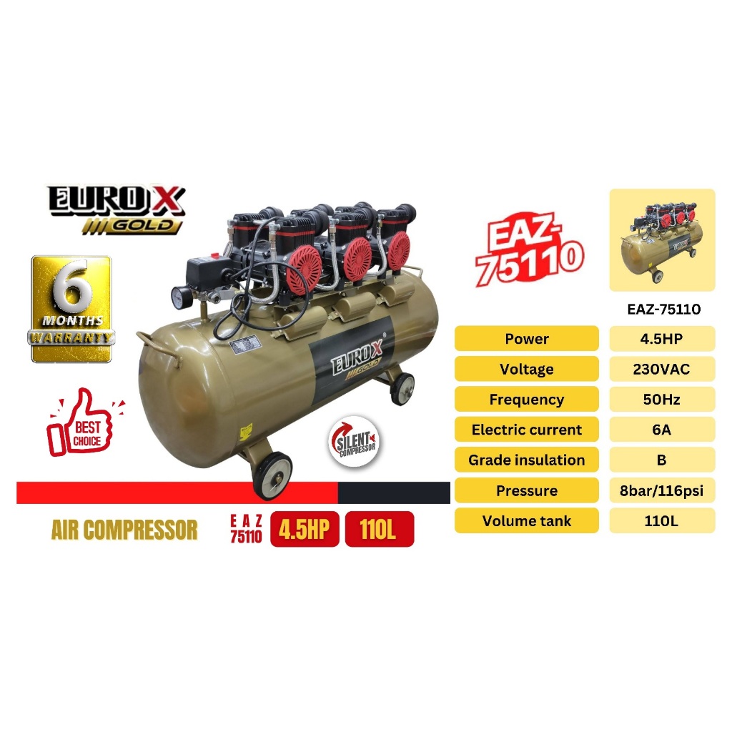 Euro-X Gold EAZ 110-Litre 4.5Hp Silent Oil-Free Air Compressor | Shopee ...