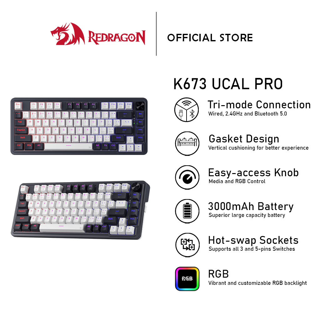 Redragon K673 UCAL Pro 75% Gasket Mount Wireless Mechanical Keyboard w Knob Tri-mode | Shopee ...