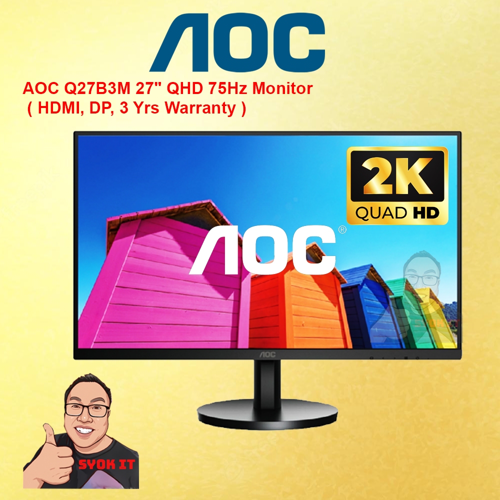 AOC Q27B3M 27"QHD (2560 × 1440) VA @75Hz Monitor ( HDMI, DP, 3 Yrs ...