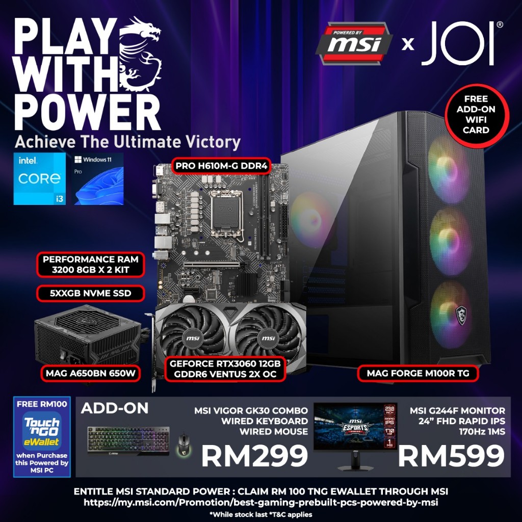 JOI GAMING PC POWERED BY MSI ( CORE i3-12100F, 16GB, 5XXGB, RTX3060 12GB, W11P ) | Shopee Malaysia