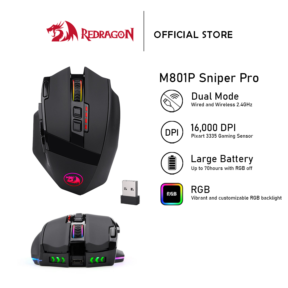 Redragon M801P RGB Sniper Pro 16000DPI RGB Wireless Gaming Mouse 40G ...