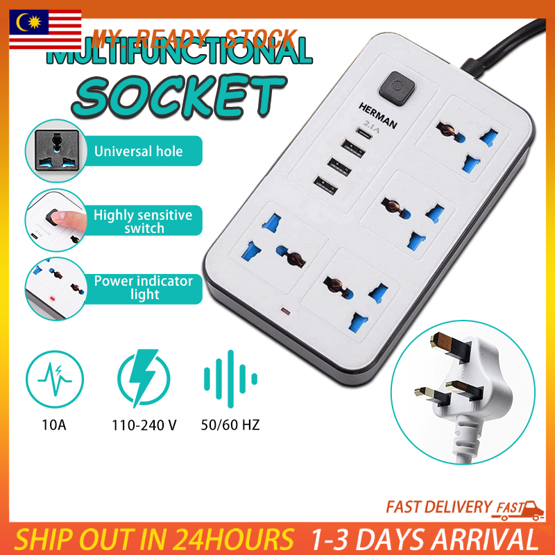 3 USB Port 4 Universal Power Strip Extension Plug Power Socket Electric ...
