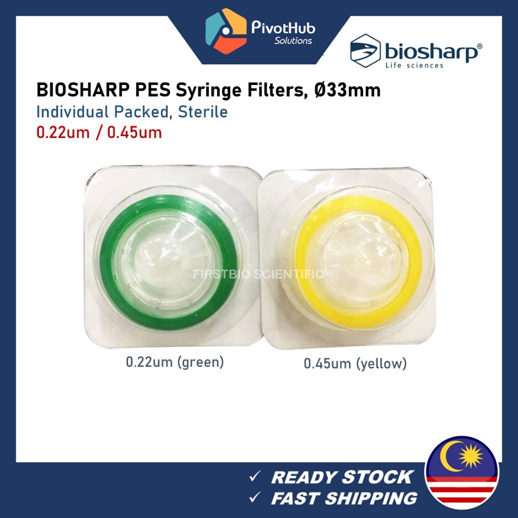 BIOSHARP PES Syringe Filter Sterile Diameter 33mm, 0.22um / 0.45um pore size individual pack ...