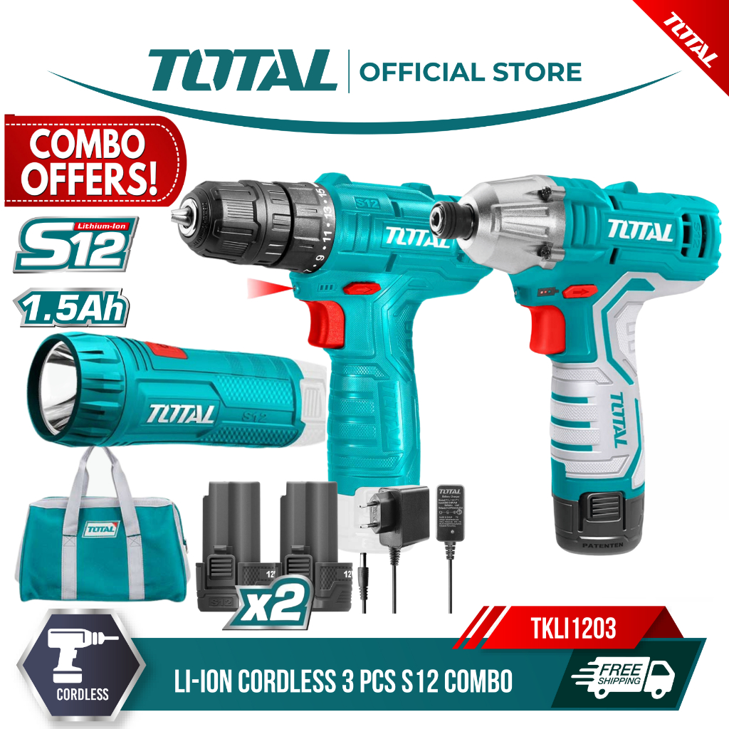 Total S12 Li-ion Impact Driver TIRLI1201 + Li-ion Cordless Drill ...