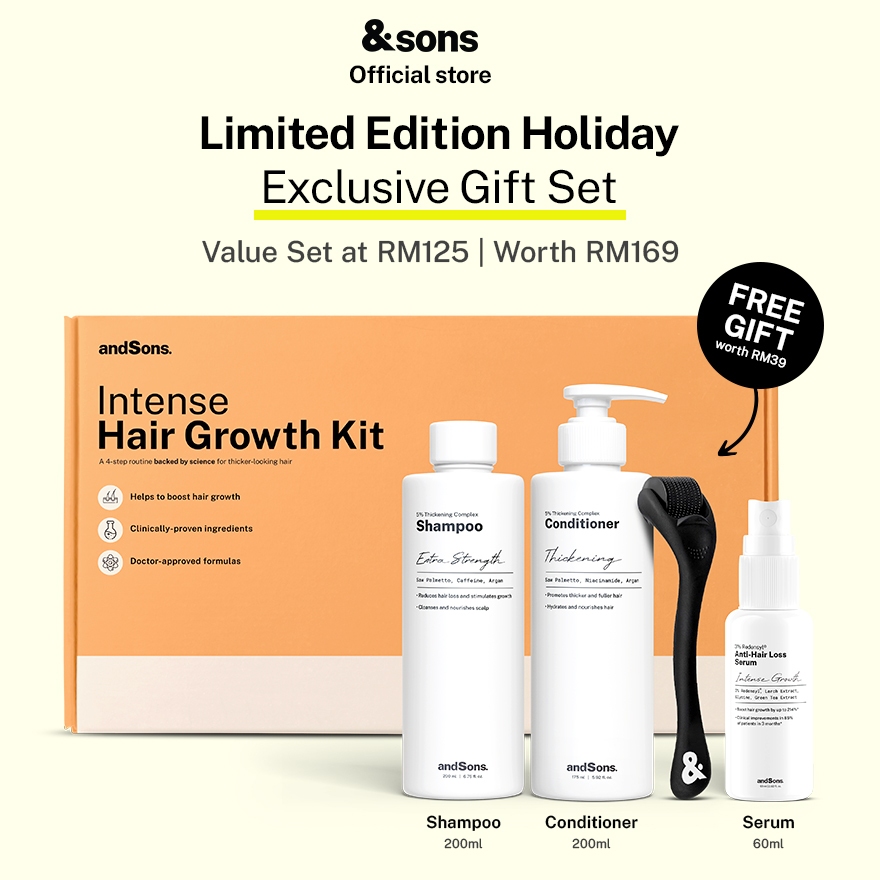 andSons Intense Hair Growth Gift Box Set (Shampoo 200ml + Conditioner 200ml + 3% Redensyl Serum ...