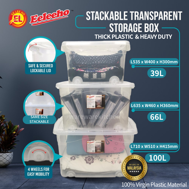 Transparent Storage Box 39L/66L/100L Kotak Simpanan Roda Clear Storage ...