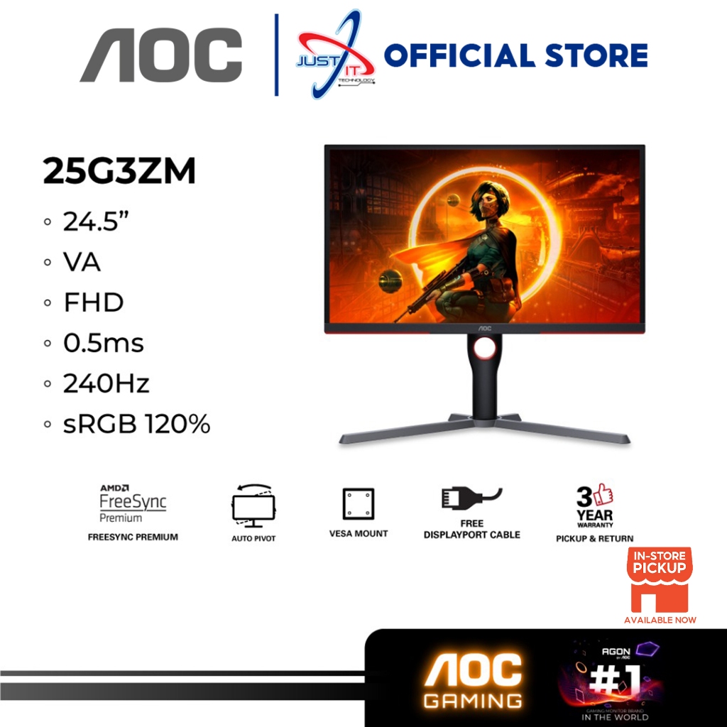 AOC 25G3Z (IPS) / 25G3ZM (VA) 24.5" GAMING MONITOR ( 24.5" FHD / 240Hz / 1Ms / AMD FREE-SYNC ...