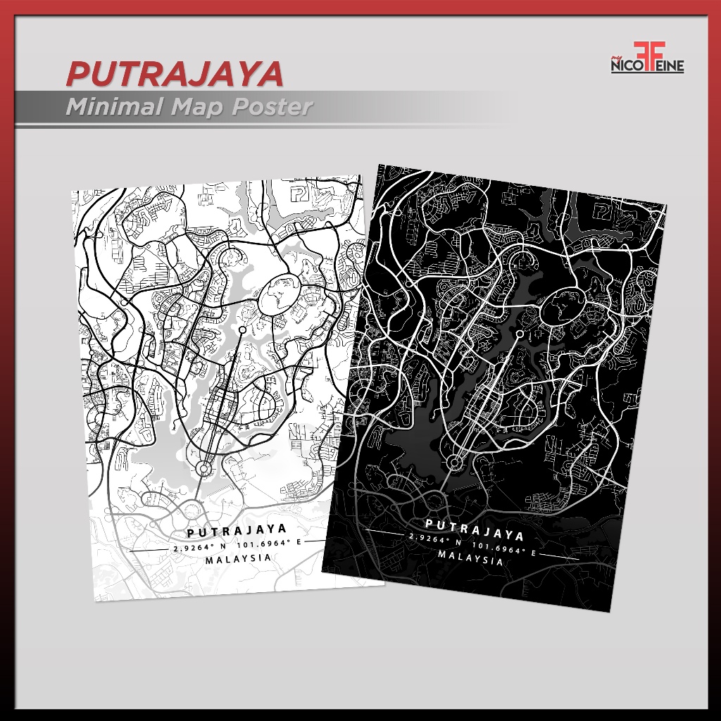 (Poster Only) Putrajaya Malaysia Minimal City Map Black and White Large Poster Print / Wall Art ...