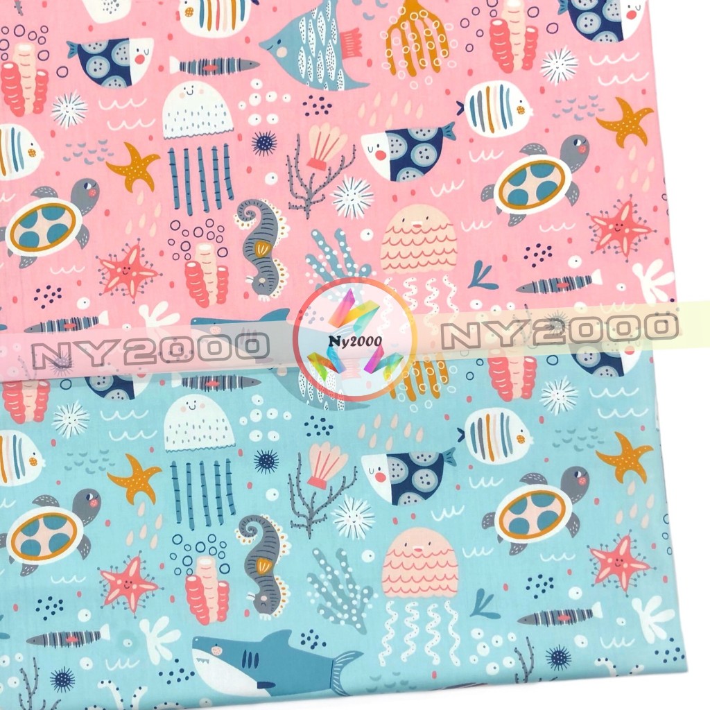 Kain Comb Cotton Corak Ikan & Haiwan Laut (Bidang 60") / Shark ...