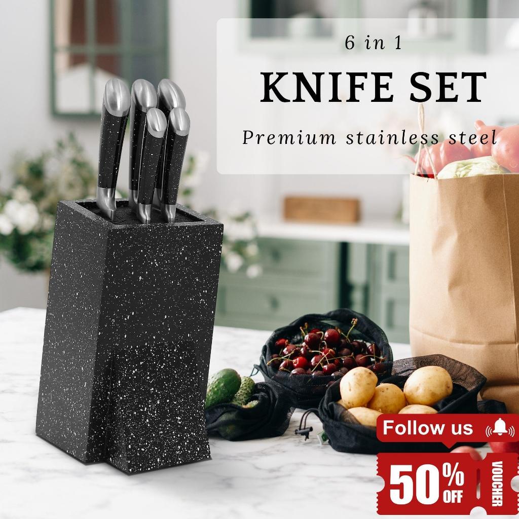 6PCS Knife Block Set Stainless Steel Knife with Wood Knife Block kichen ...