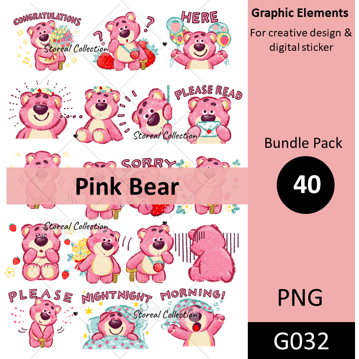 Pink Bear PNG sticker Cute Graphic Element PNG sticker Cartoon G032 ...