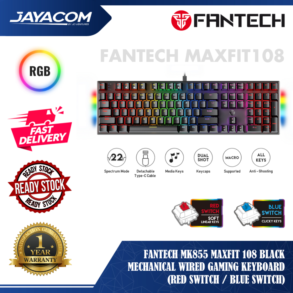 Fantech MAXFIT 108 Black Mechanical Wired Gaming Keyboard [MK855] (Red Switch / Blue Switch ...