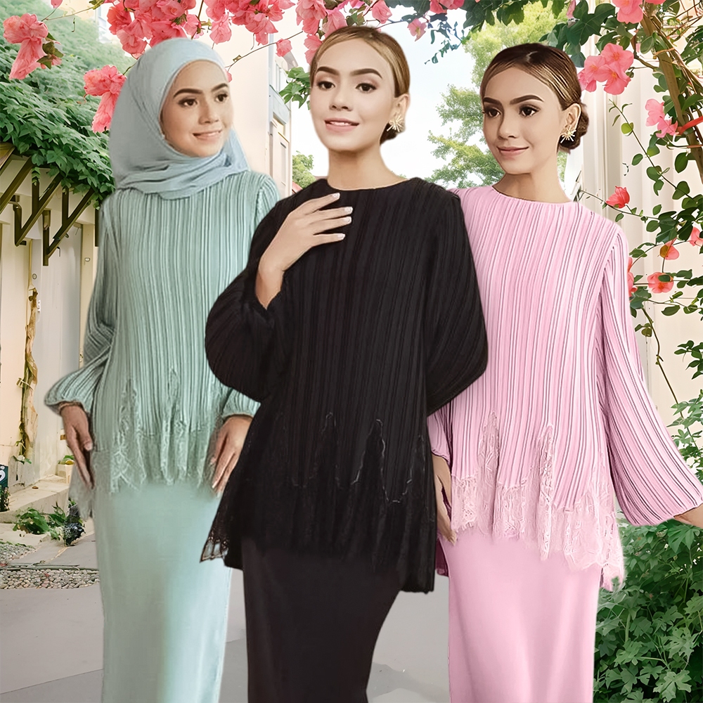 Lace Baju Kurung Sulam Pleated Kurung Baju Raya 2024 Balloon Sleeves ...