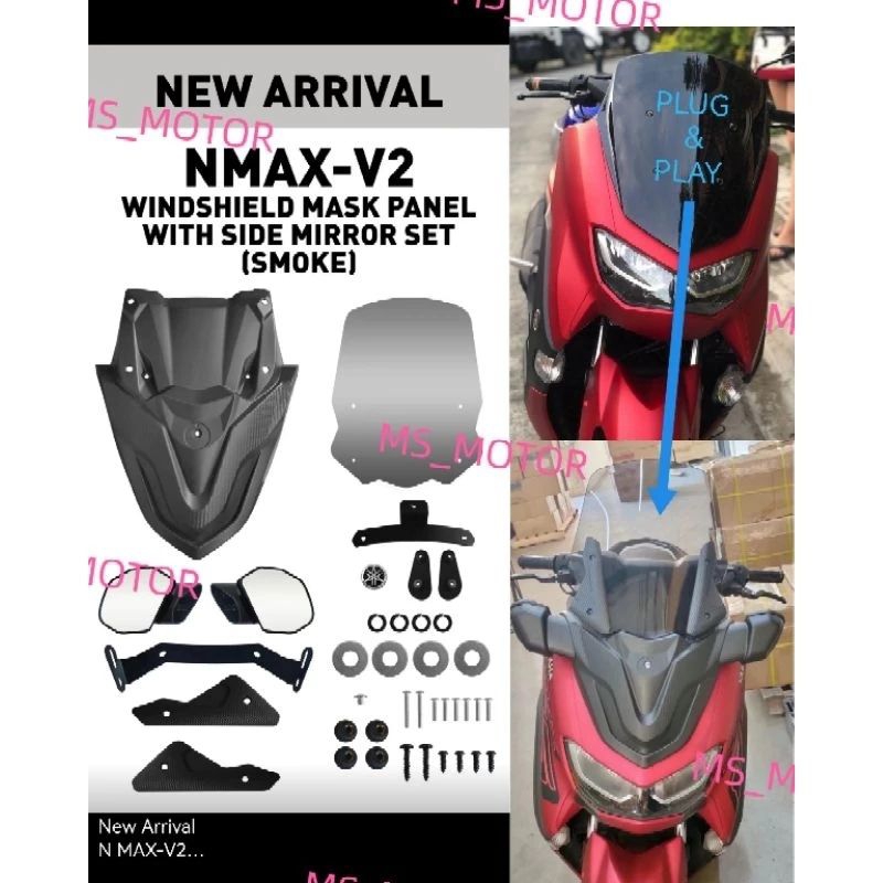 YAMAHA N MAX V2 WINDSHIELD MASK PANEL SMOKE WITH SIDE MIRROR SET NMAX ...