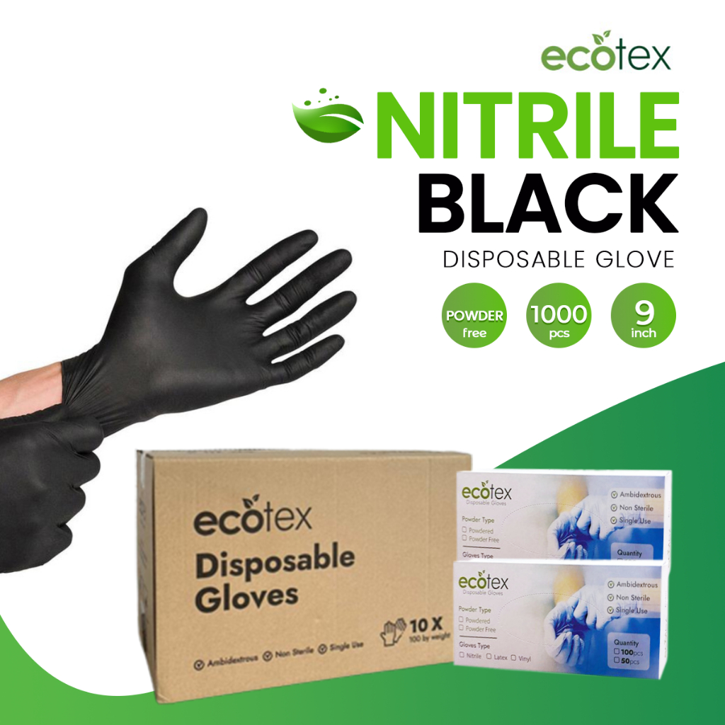 ECOTEX Nitrile Disposable Glove Powder Free Black Hitam 3.5 (S,M,L,XL ...