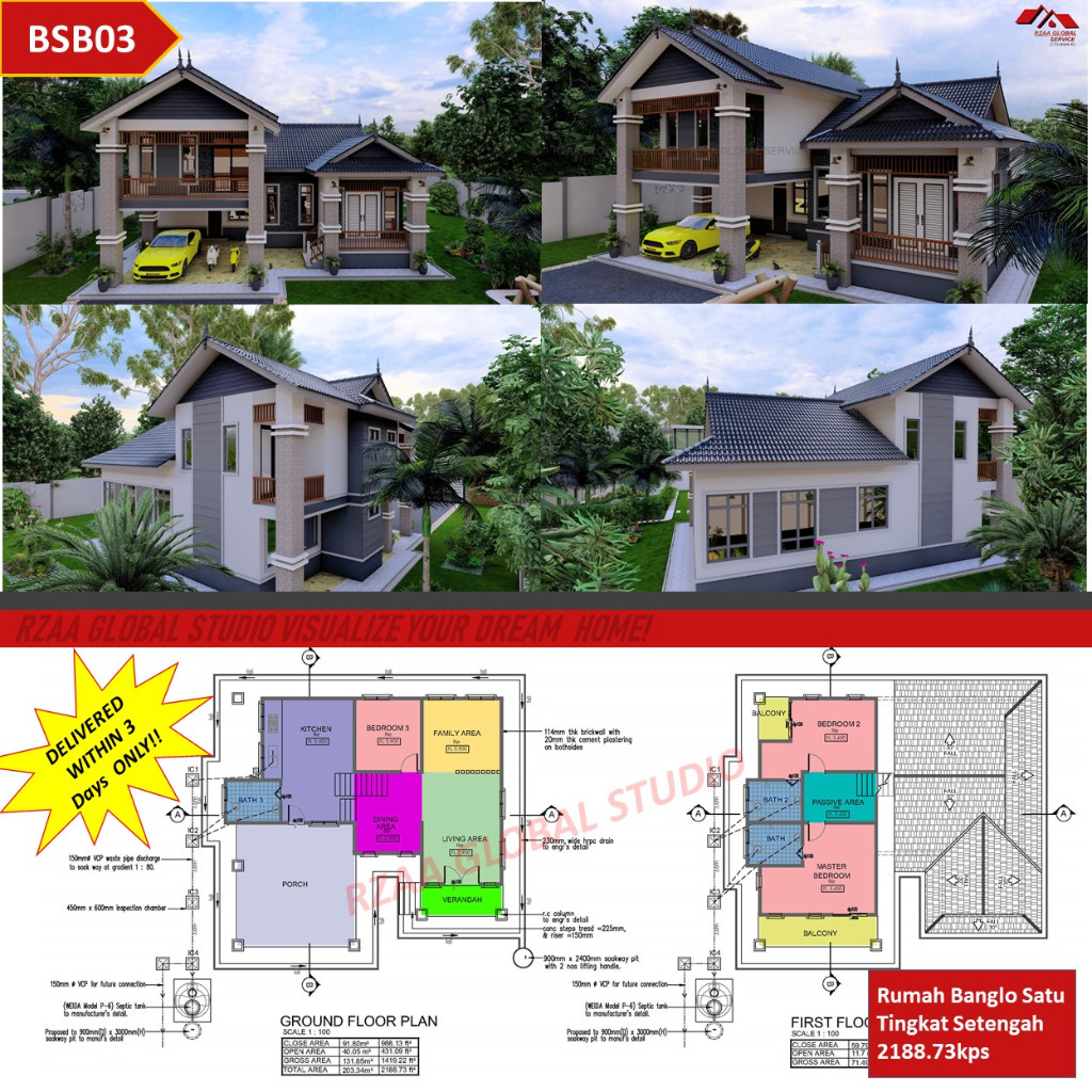 BSB03 PELAN RUMAH BANGLO SATU TINGKAT SETENGAH IDAMAN BERKELUASAN 2 ...