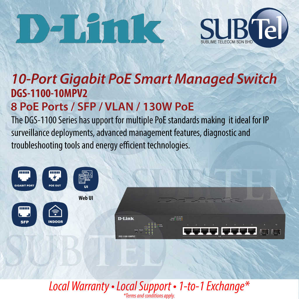 D-Link 10-Port Gigabit PoE Smart Managed Switch DGS-1100-10MPV2 8xLAN ...