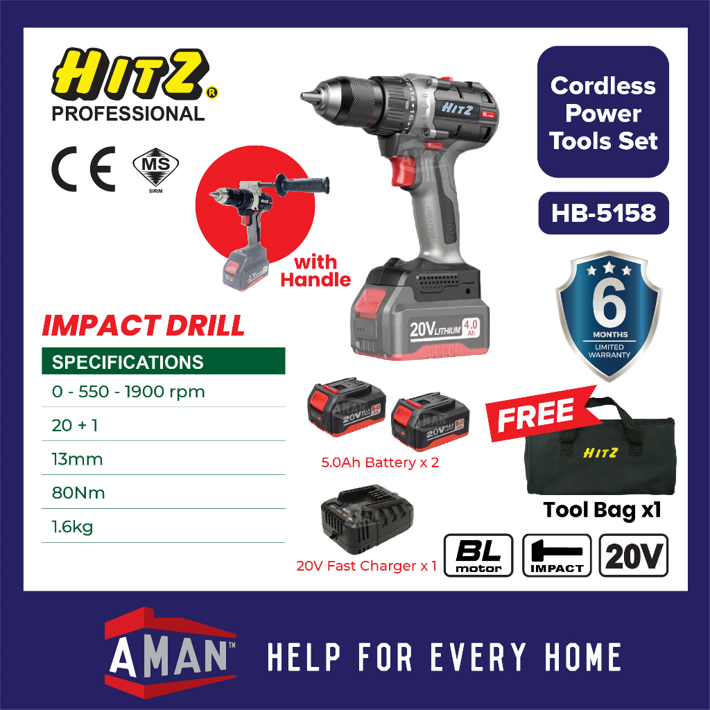HITZ 20V Impact Drill Cordless Brushless With Handle Rechargeable Electric Screwdriver Cordless ...