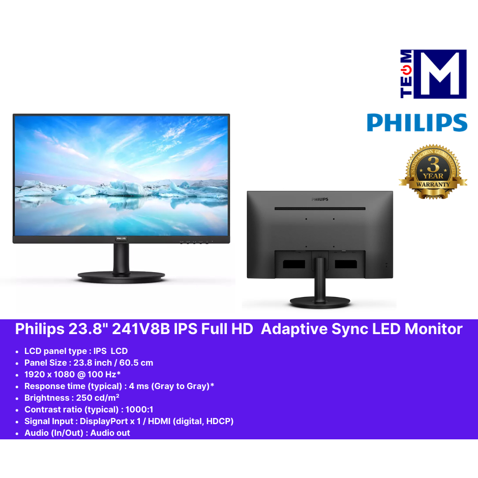 Philips 241V8B Full HD 23.8" LED, IPS Monitor (100Hz/4ms/HDMI+VGA ...