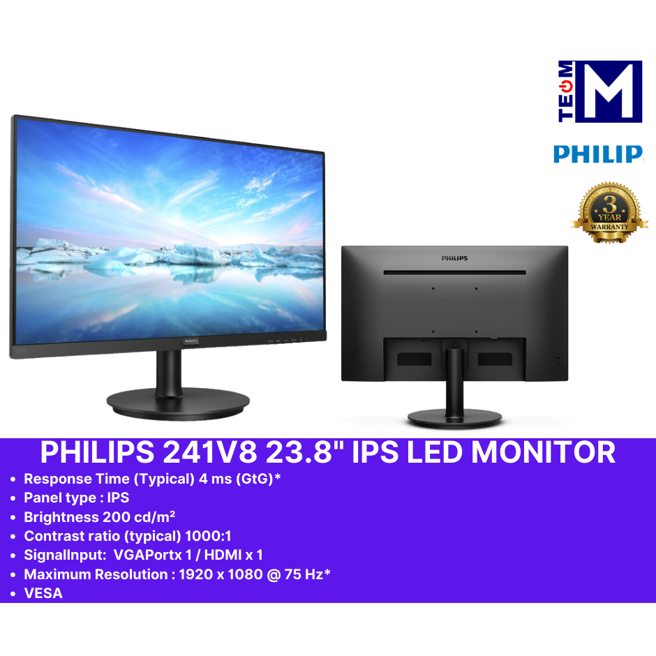 Philips 241V8 Full HD 23.8" LED, IPS Monitor (75Hz/4ms/Adaptive-Sync ...