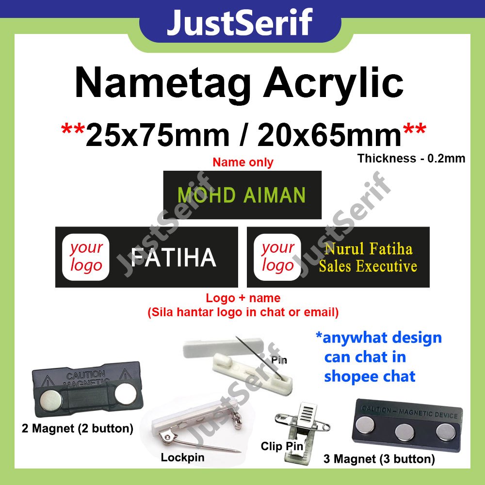 Acrylic Plastic Name Tag Pin & Magnet / Tag Nama Plastik Akrilik ...