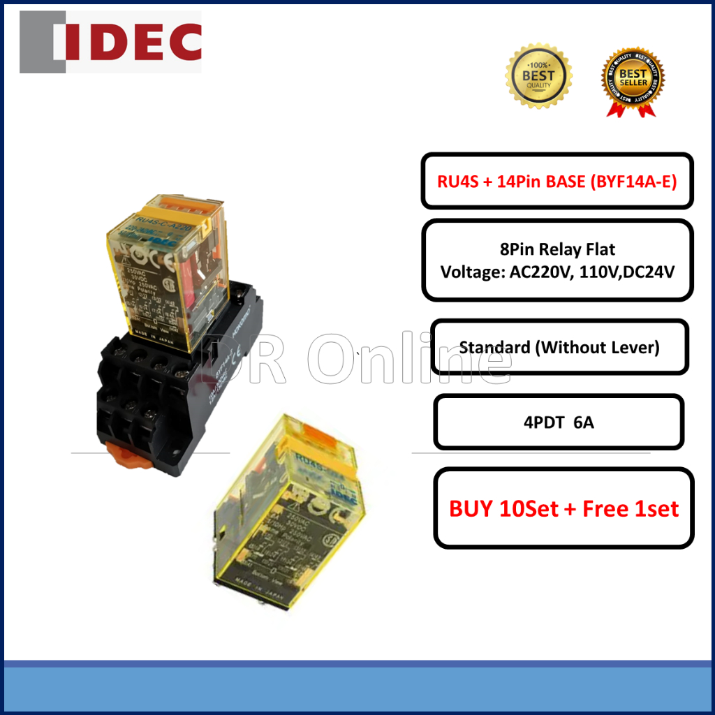 IDEC 14PIN RELAY FLAT DPDT STANDARD TYPE 24VDC /110VAC / 220VAC RU4S ...