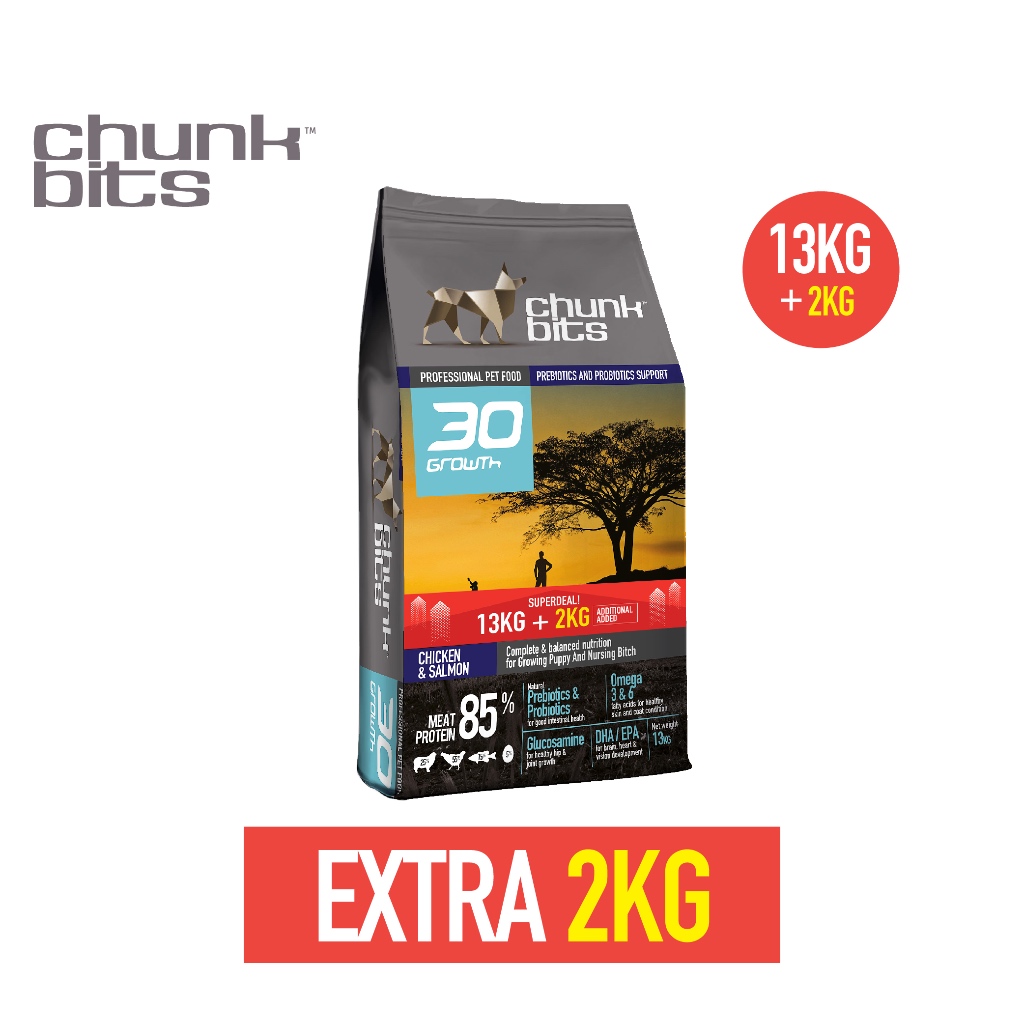 Chunkbits Growth 30 Dog Dry Food - Chicken/Salmon (13kg+2kg) | Shopee Malaysia