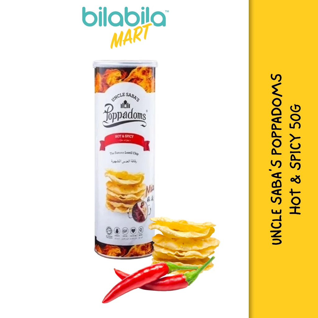 (Halal) Uncle's Saba Poppadom Papadam Papadom Papadum (50g) Original, Hot & Spicy, Tomato ...