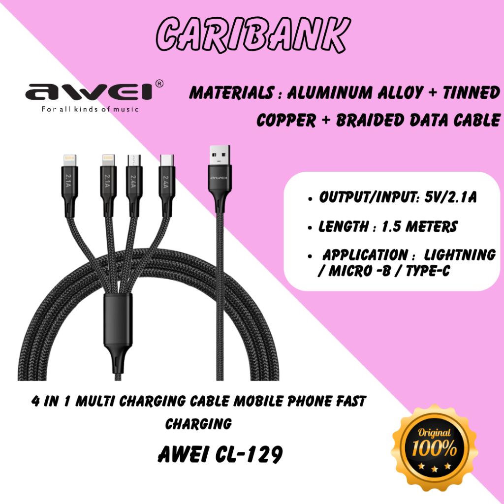 AWEI CL -129 4 IN 1 Multi Charging cable Mobile Phone Fast Charging ...