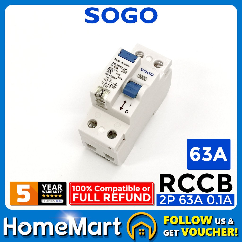 【Approved】 SOGO RCCB 63A ELCB Residual Current Circuit Breaker 2 Pole ...