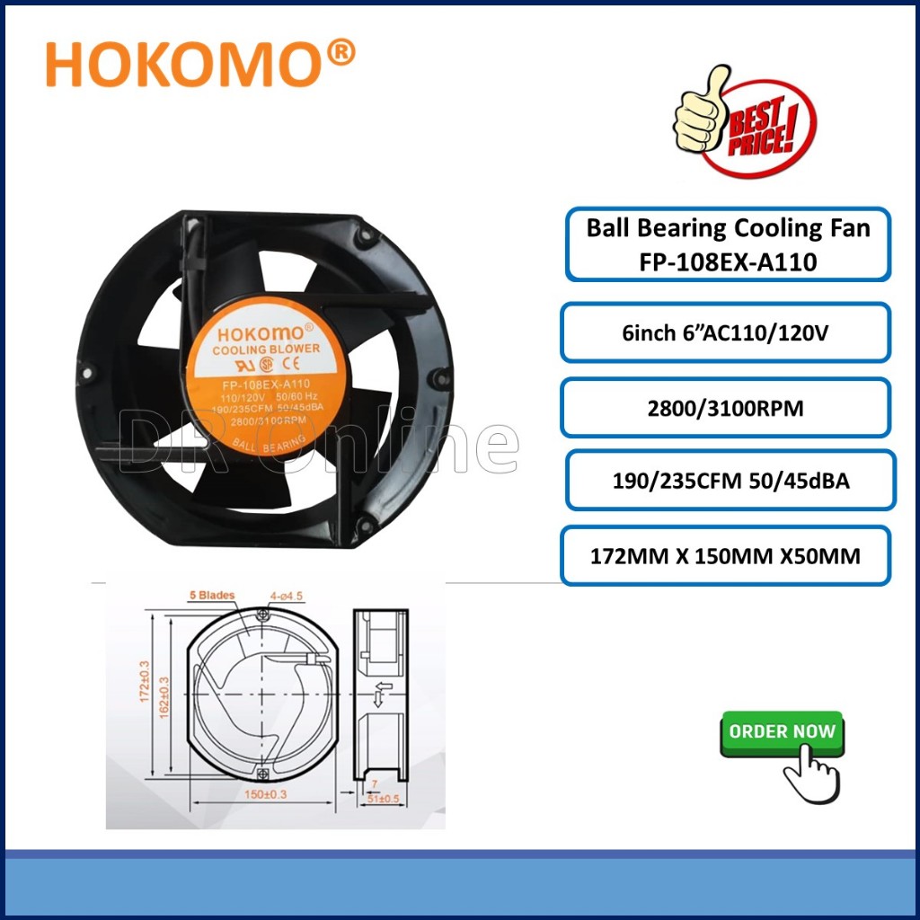 HOKOMO Cooling Blower Fan Axial fan Round/Square type 6inch Ball Bearing, 240VAC /110VAC/ 415VAC ...