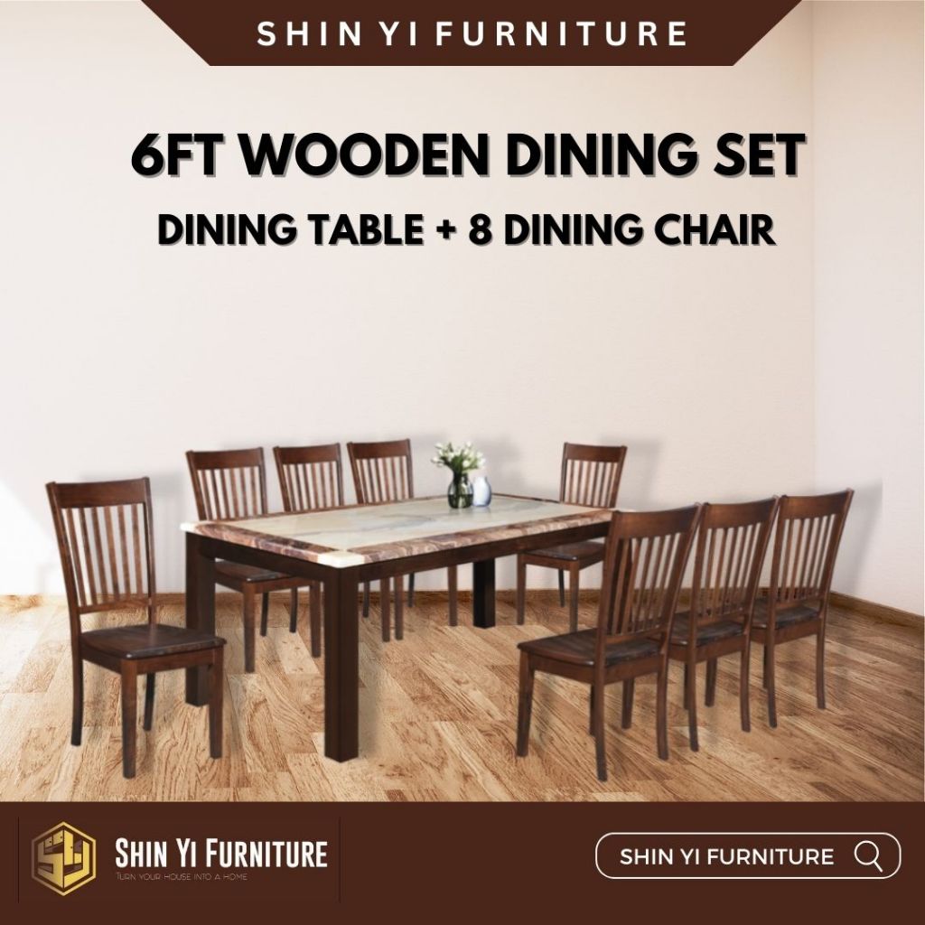 [SARAWAK] Rectangle 6FT Marble Wooden Dining Set with 8 Seaters / Set ...
