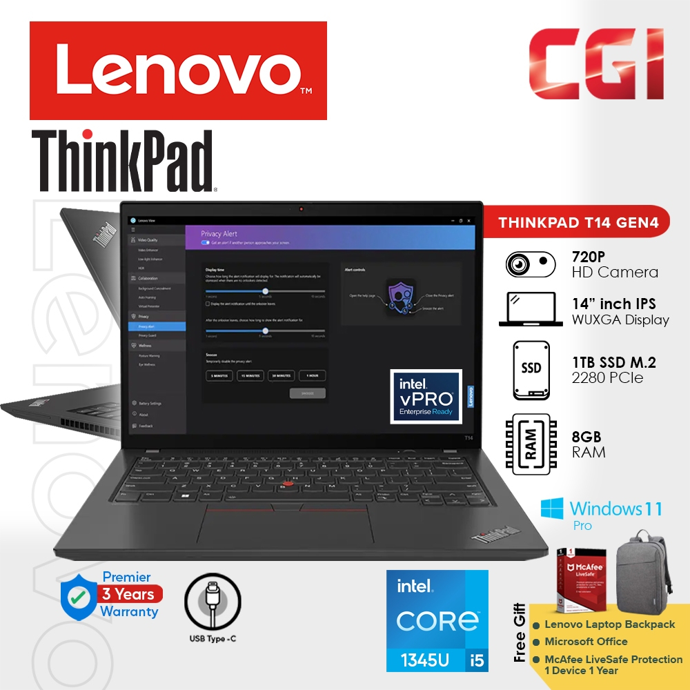 Lenovo 14″ Thinkpad T14 Gen 4 i5-1345U 8GB 1TB IPS WUXGA Win11Pro Intel vPro Enterprise With ...
