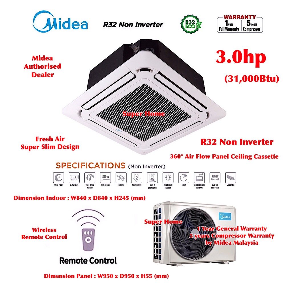 Midea 3.0hp Ceiling Cassette Air conditioner MCDX-30CRN8 & MOUX-30CN8 ...