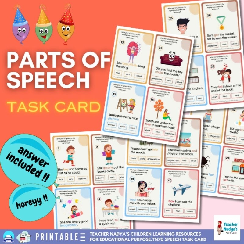 [ PDF / PRINTABLE ] Parts Of Speech Task Card For Preschool | TN70 ...