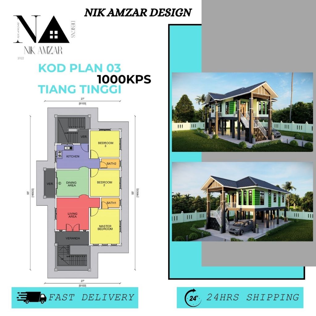 PELAN RUMAH KOD 03 TIANG TINGGI (1000KPS)(3 BILIK TIDUR2 BILIK AIR ...