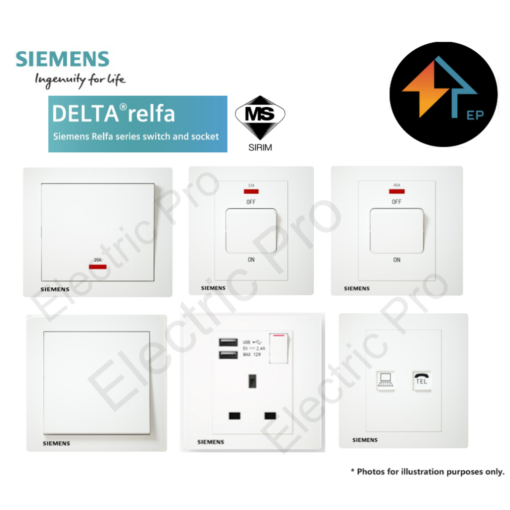 SIEMENS DELTA® Relfa Switch & Socket Outlet [SIRIM Approved] 20A 32A 45A Double Pole, RJ11 Tel ...