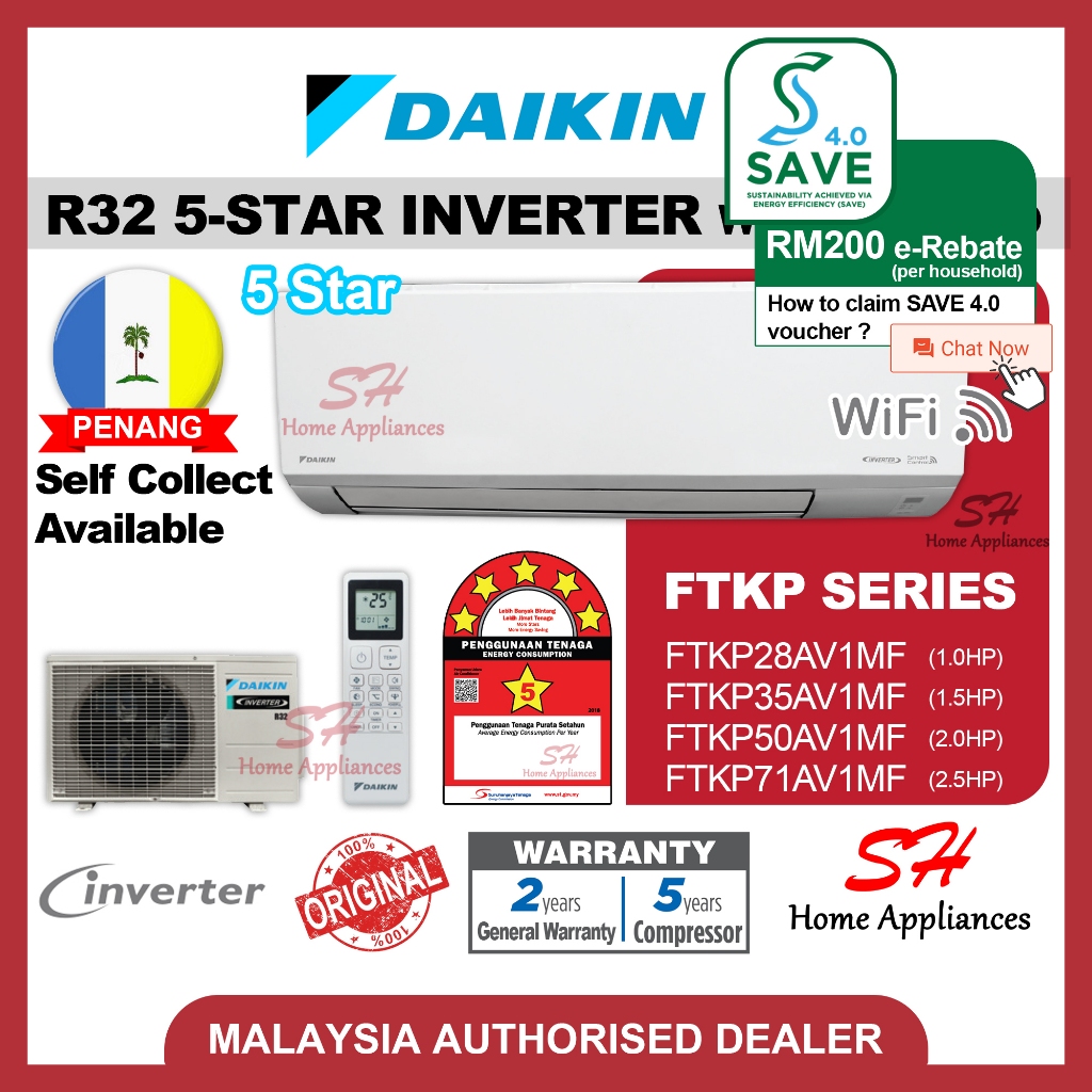DAIKIN R32 5-STAR INVERTER Air-conditioner FTKP WIFI 5-Star Inverter Aircond 1.0HP 1.5HP 2.0HP 2 ...