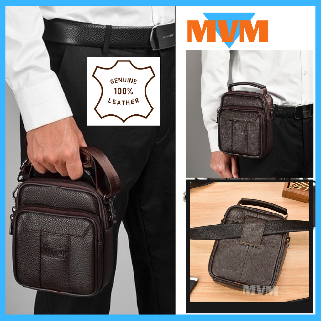 100% Cow Leather [M'sia Stock] Men's Leather Waist pouch Sling Bag ...