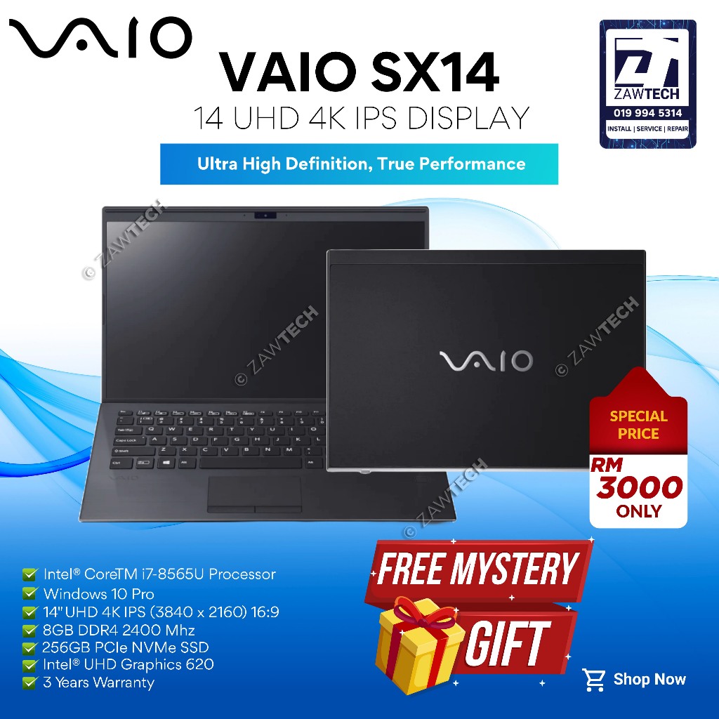 NEW VAIO SX14 LAPTOP (I7-8565U/8/256/14"4K/W10P/NO BAG) BLACK ...