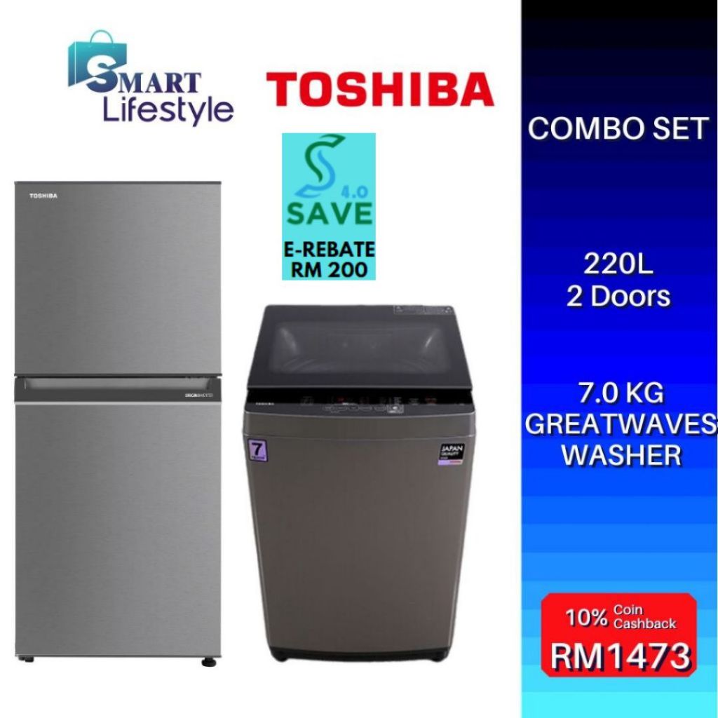 《Save 4.0》TOSHIBA REFRIDGERATOR (220L) GR-RT230WE-PMY(SS)(UK) + WASHER ...