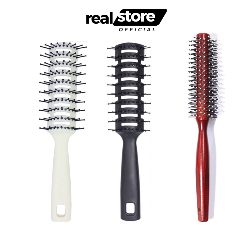 Wooden Hair Rolling Brush Round Comb and Paddle Brush Salon Barber ...