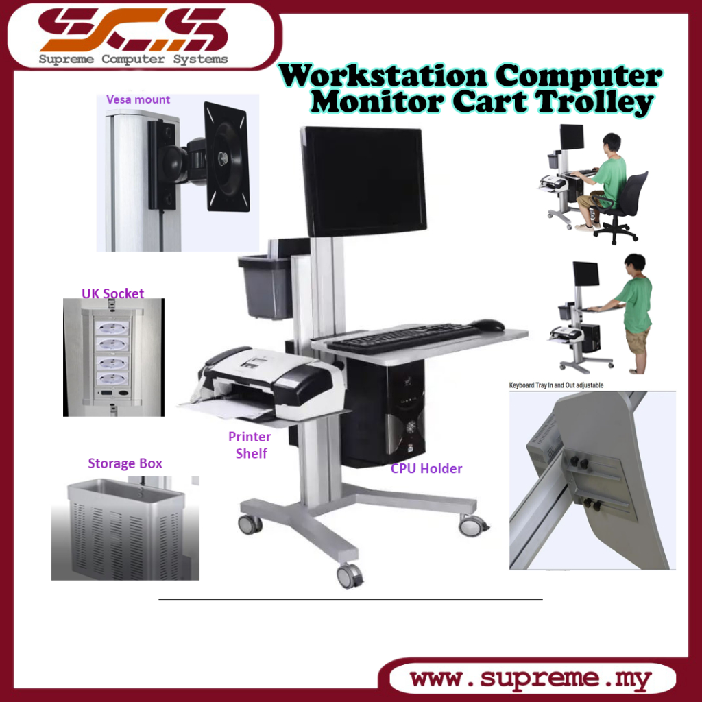 Workstation Desk Computer Monitor Printer CPU Set Cart Trolley with ...