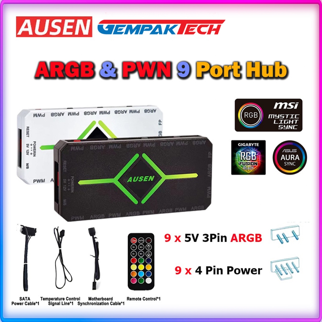 Ausen ARGB Fan & PWN 9 Ports Hubs with remote control ( 5V 3 Pin ARGB ...