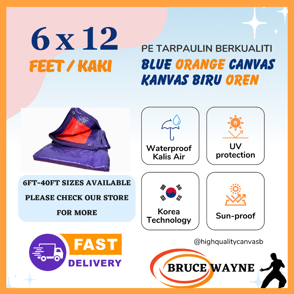 6X12FT Blue Orange Tarpaulin Waterproof Canvas Canopy, Kanvas Khemah ...