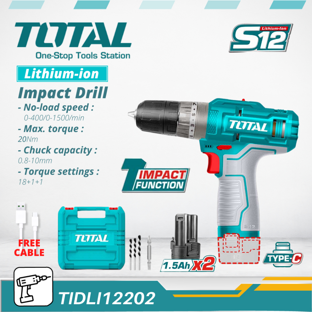 TOTAL TOSLI240467 S12 12V Li-ion Impact Drill with Drill Bits Set ...