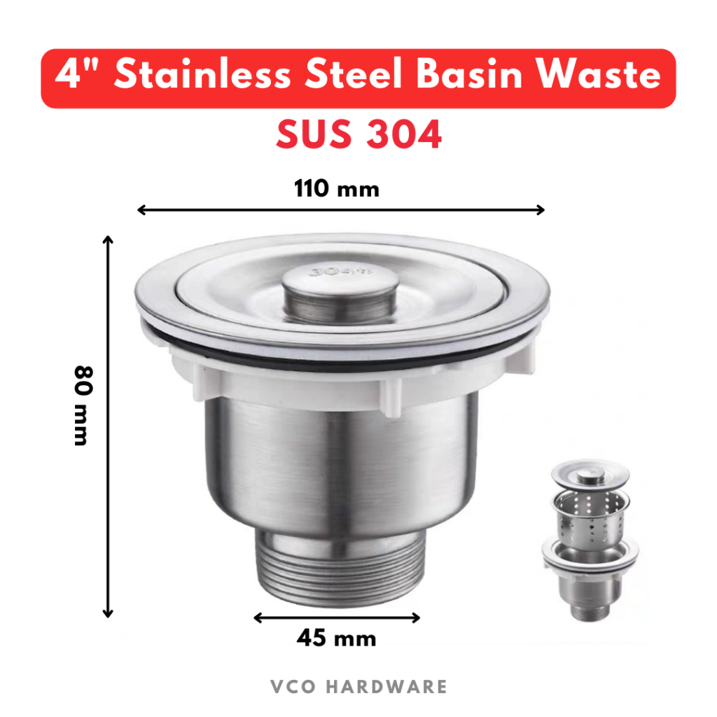 4" Stainless Steel SUS 304 Kitchen Basin Waste with Basket / Anti Clog ...